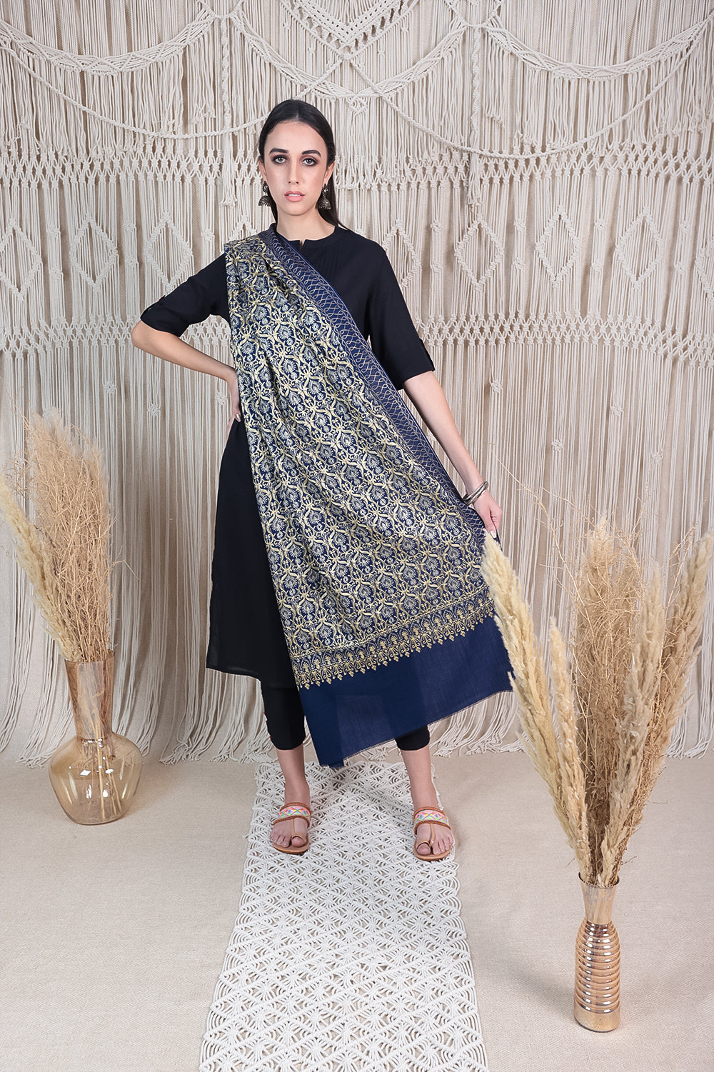 Navy Blue Nalki Embroidery with Zari – Kalamkani
